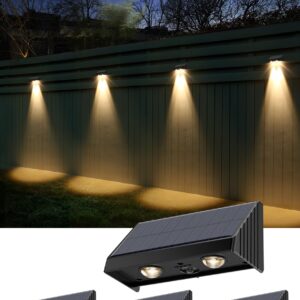 Solar Powered Fence Lights Outdoor Wall Mount LED Decorative Waterproof Yard Lamps for Outside Stair, Rail, Deck, Backyard, House Patio, Pool, Design for Long-Lasting Dusk to Dawn, Warm White 4 Pack