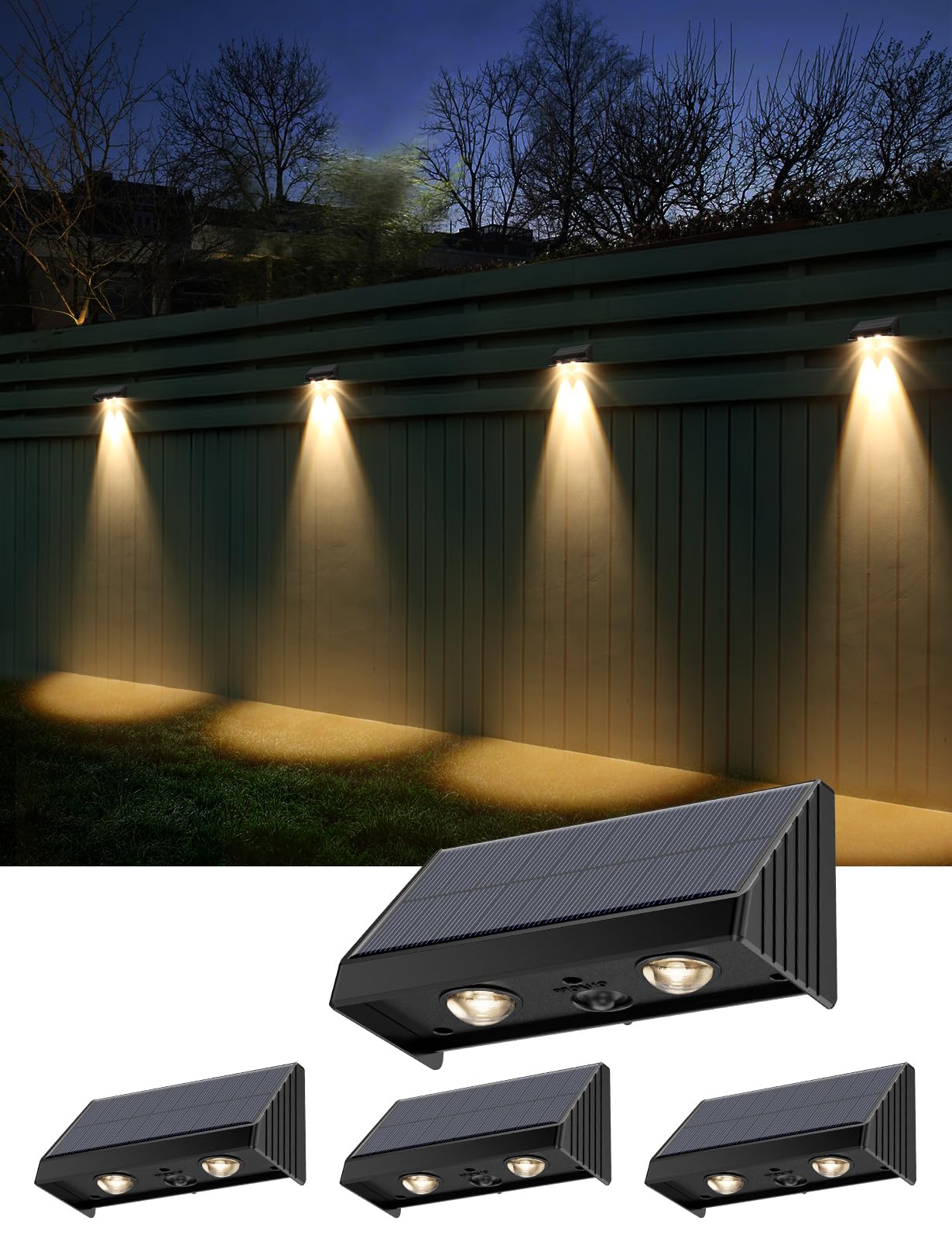 Solar Powered Fence Lights Outdoor Wall Mount LED Decorative Waterproof Yard Lamps for Outside Stair, Rail, Deck, Backyard, House Patio, Pool, Design for Long-Lasting Dusk to Dawn, Warm White 4 Pack