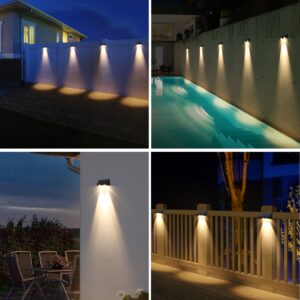 Solar Powered Fence Lights Outdoor Wall Mount LED Decorative Waterproof Yard Lamps for Outside Stair, Rail, Deck, Backyard, House Patio, Pool, Design for Long-Lasting Dusk to Dawn, Warm White 4 Pack