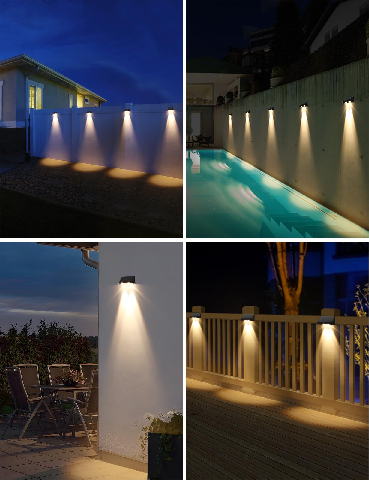 Solar Powered Fence Lights Outdoor Wall Mount LED Decorative Waterproof Yard Lamps for Outside Stair, Rail, Deck, Backyard, House Patio, Pool, Design for Long-Lasting Dusk to Dawn, Warm White 4 Pack