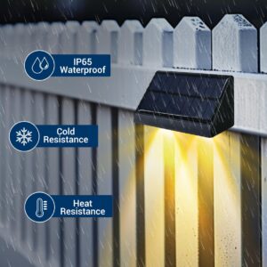 Solar Powered Fence Lights Outdoor Wall Mount LED Decorative Waterproof Yard Lamps for Outside Stair, Rail, Deck, Backyard, House Patio, Pool, Design for Long-Lasting Dusk to Dawn, Warm White 4 Pack