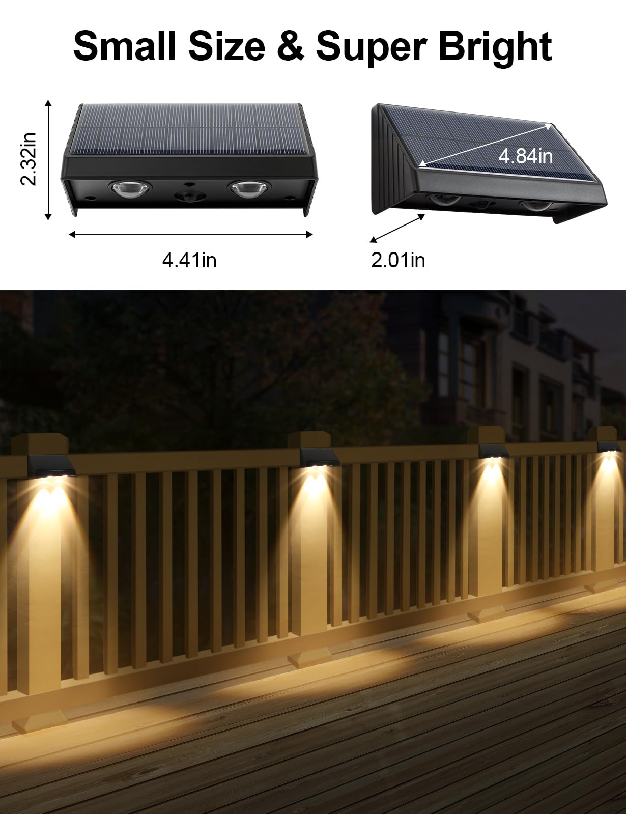 Solar Powered Fence Lights Outdoor Wall Mount LED Decorative Waterproof Yard Lamps for Outside Stair, Rail, Deck, Backyard, House Patio, Pool, Design for Long-Lasting Dusk to Dawn, Warm White 4 Pack