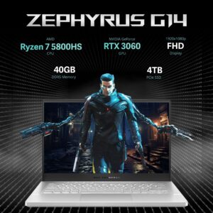 Asus 2022 ROG Zephyrus 14'' FHD 144Hz Gaming Laptop,AMD Ryzen 7-5800HS Processor,40GB RAM,4TB PCIe SSD,Backlit Keyboard,NVIDIA GeForce RTX 3060 Graphics,Windows 11,White,32GB USB Card