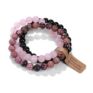 risyfjew 3 pcs women healing crystal bracelets 8mm natural stone beaded stretch bracelet rose quartz rhodonite jewelry gifts