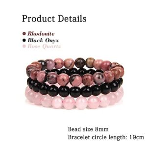 Risyfjew 3 PCS Women Healing Crystal Bracelets 8mm Natural Stone Beaded Stretch Bracelet Rose Quartz Rhodonite Jewelry Gifts