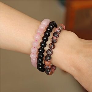 Risyfjew 3 PCS Women Healing Crystal Bracelets 8mm Natural Stone Beaded Stretch Bracelet Rose Quartz Rhodonite Jewelry Gifts