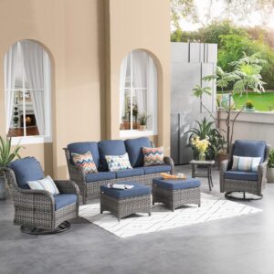 6 piece outdoor patio furniture set wicker conversation bistro set swivel rocking chairs with side table and ottomans for backyard, porch, balcony,grey wicker denim blue