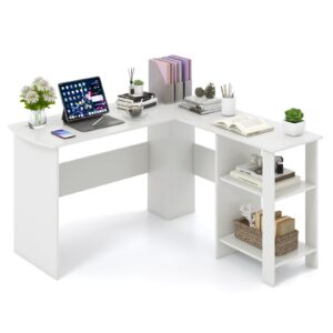 medimall 51-inch l-shaped computer desk with cpu stand, modern corner gaming desk w/spacious desktop, 2 open shelves & 2 cable holes, space-saving study table for home office workstation, white