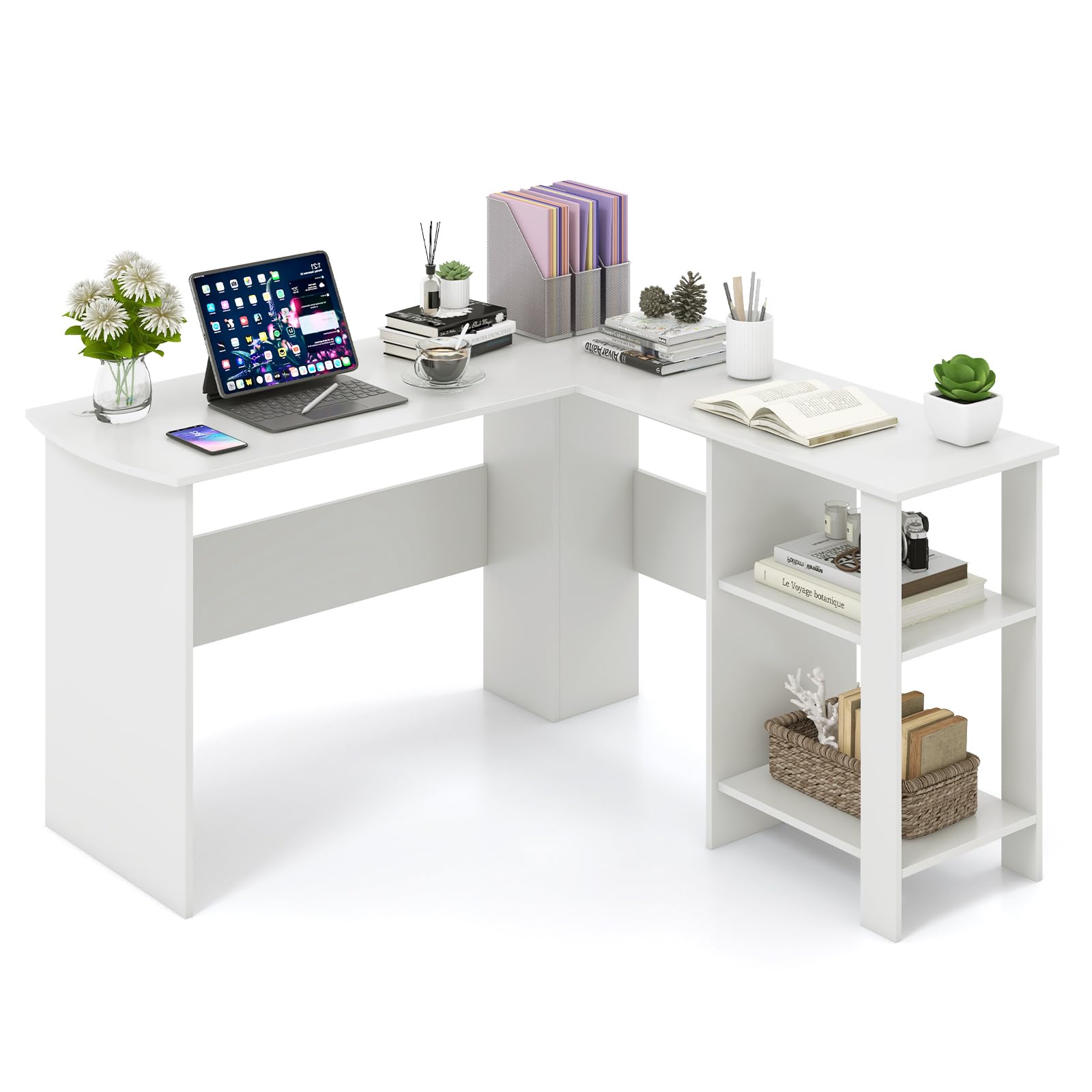 MEDIMALL 51-Inch L-shaped Computer Desk with CPU Stand, Modern Corner Gaming Desk w/Spacious Desktop, 2 Open Shelves & 2 Cable Holes, Space-saving Study Table for Home Office Workstation, White