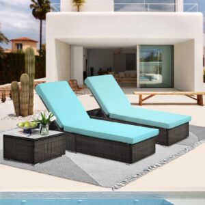 jeteago outdoor pe wicker chaise lounge set of 3 patio rattan reclining chair with coffee table for garden poolside yard, blue