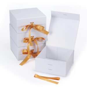 giftgarden 4 pack 8”x8”x4” white gift boxes with ribbon magnetic lids, collapsible square gift wrap box magnet clourse for present, christmas, birthday, wedding, valentines, bridesmaid proposal box