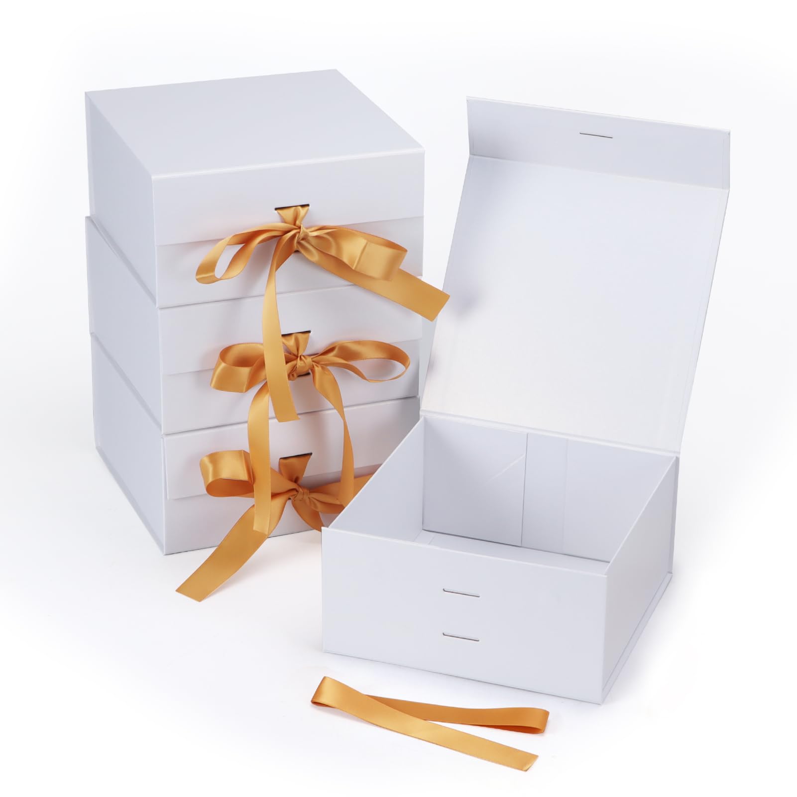 Giftgarden 4 Pack 8”x8”x4” White Gift Boxes with Ribbon Magnetic Lids, Collapsible Square Gift Wrap Box Magnet Clourse for Present, Christmas, Birthday, Wedding, Valentines, Bridesmaid Proposal Box