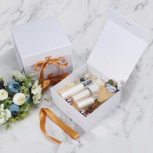 Giftgarden 4 Pack 8”x8”x4” White Gift Boxes with Ribbon Magnetic Lids, Collapsible Square Gift Wrap Box Magnet Clourse for Present, Christmas, Birthday, Wedding, Valentines, Bridesmaid Proposal Box