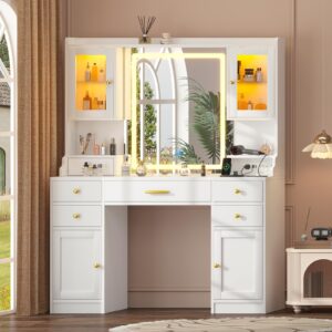 Dnxao White Vanity Desk with Mirror,Lights and Charging Station,Make up Vanity Mirror with 3 Lights Mode and Brightness Adjusted,Large Storage Space-6 Drawers,4 cabinets,2 RGB cabinets