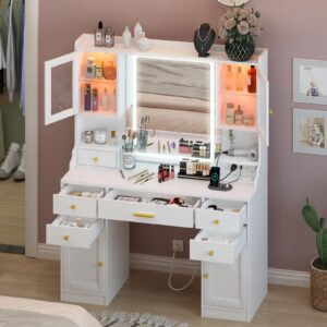 Dnxao White Vanity Desk with Mirror,Lights and Charging Station,Make up Vanity Mirror with 3 Lights Mode and Brightness Adjusted,Large Storage Space-6 Drawers,4 cabinets,2 RGB cabinets