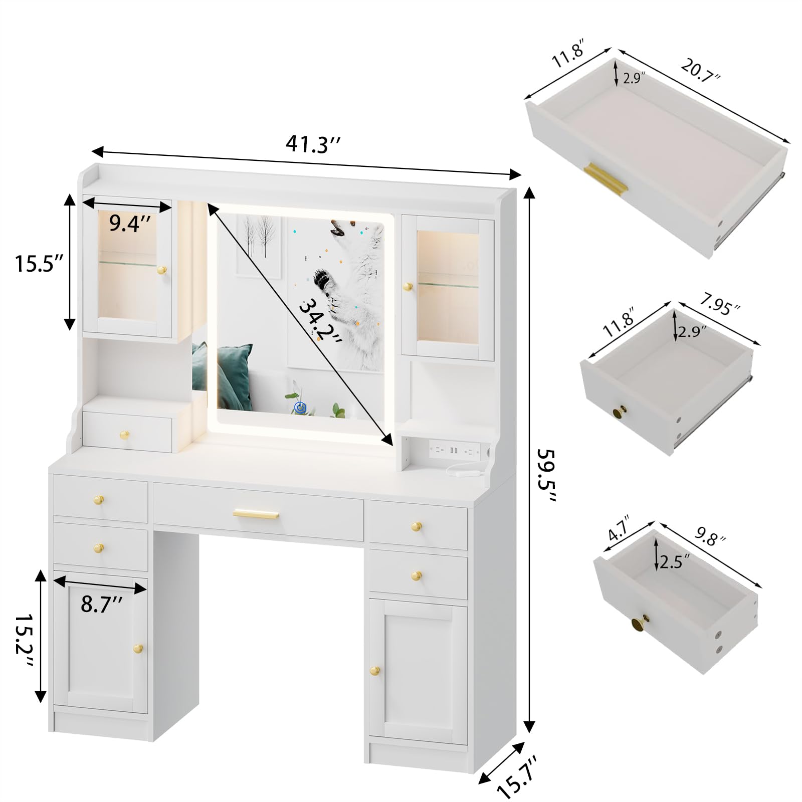 Dnxao White Vanity Desk with Mirror,Lights and Charging Station,Make up Vanity Mirror with 3 Lights Mode and Brightness Adjusted,Large Storage Space-6 Drawers,4 cabinets,2 RGB cabinets