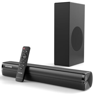 nylavee 2.1ch sound bar for smart tv with wired subwoofer, 100w surround sound bluetooth soundbar for tv, 16 inch small deep bass tv speakers, hdmi-arc/coaxial/aux/usb connection for tv, pc, projector