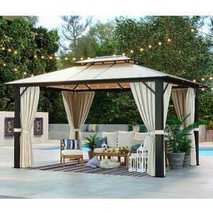 binplax hardtop gazebo polycarbonate double roof canopy curtains aluminum frame with netting for garden, patio，10' ×13'