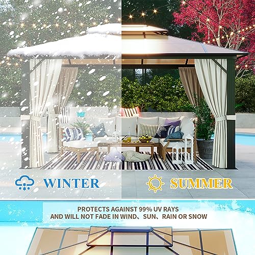 Binplax Hardtop Gazebo Polycarbonate Double Roof Canopy Curtains Aluminum Frame with Netting for Garden, Patio，10' ×13'