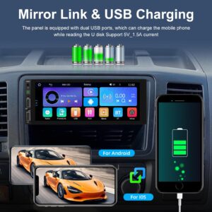 Single Din Car Stereo with Carplay and Android Auto - 6.86 inch Car Radio Touchscreen - EQ Setting Mirror Link SWC USB Charging Bluetooth FM + 12 LEDs Backup Camera