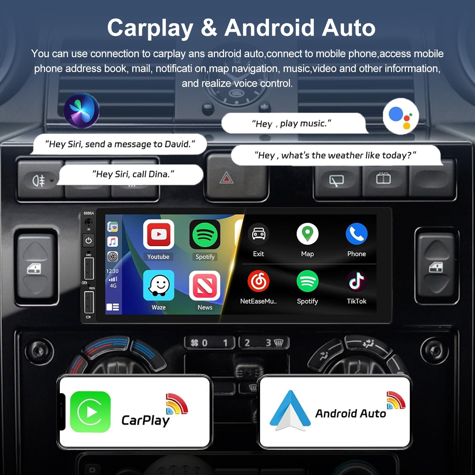 Single Din Car Stereo with Carplay and Android Auto - 6.86 inch Car Radio Touchscreen - EQ Setting Mirror Link SWC USB Charging Bluetooth FM + 12 LEDs Backup Camera