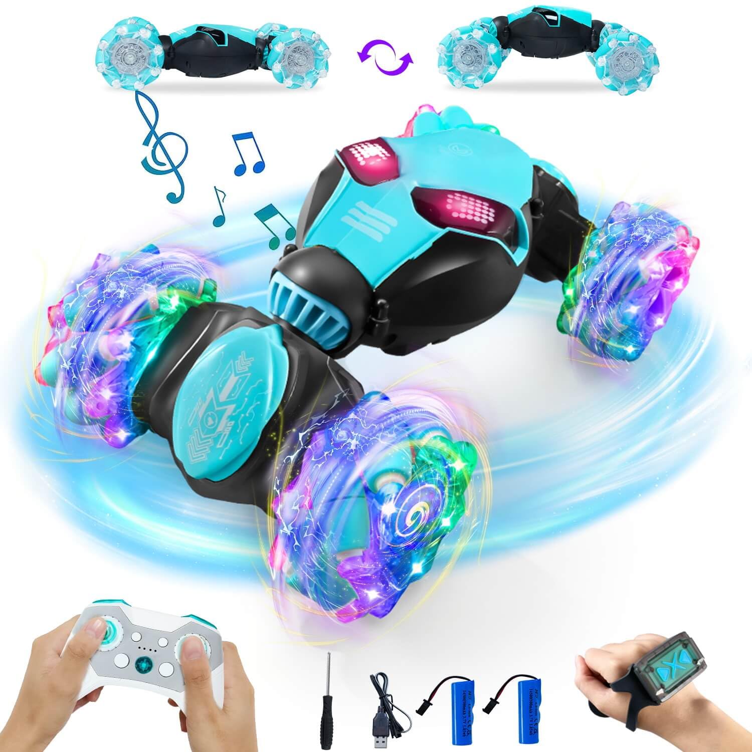 AGNEVE Gesture Sensing RC Stunt Car with Lights Music Hand Controlled Remote Control Car 4WD 2.4GHz Off-Road 360° Double Sided Rotation Stunt Car for Boys Girls (Light Blue)