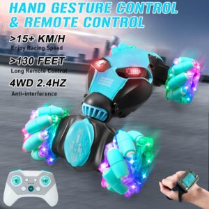 AGNEVE Gesture Sensing RC Stunt Car with Lights Music Hand Controlled Remote Control Car 4WD 2.4GHz Off-Road 360° Double Sided Rotation Stunt Car for Boys Girls (Light Blue)