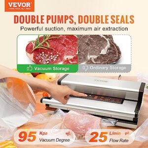 VEVOR Food Vacuum Sealer Machine, 95Kpa 350W Powerful Dual Pump and Dual Sealing, Dry and Moist Food Storage, Automatic and Manual Air Sealing System with Built-in Cutter, with Seal Bag External Hose