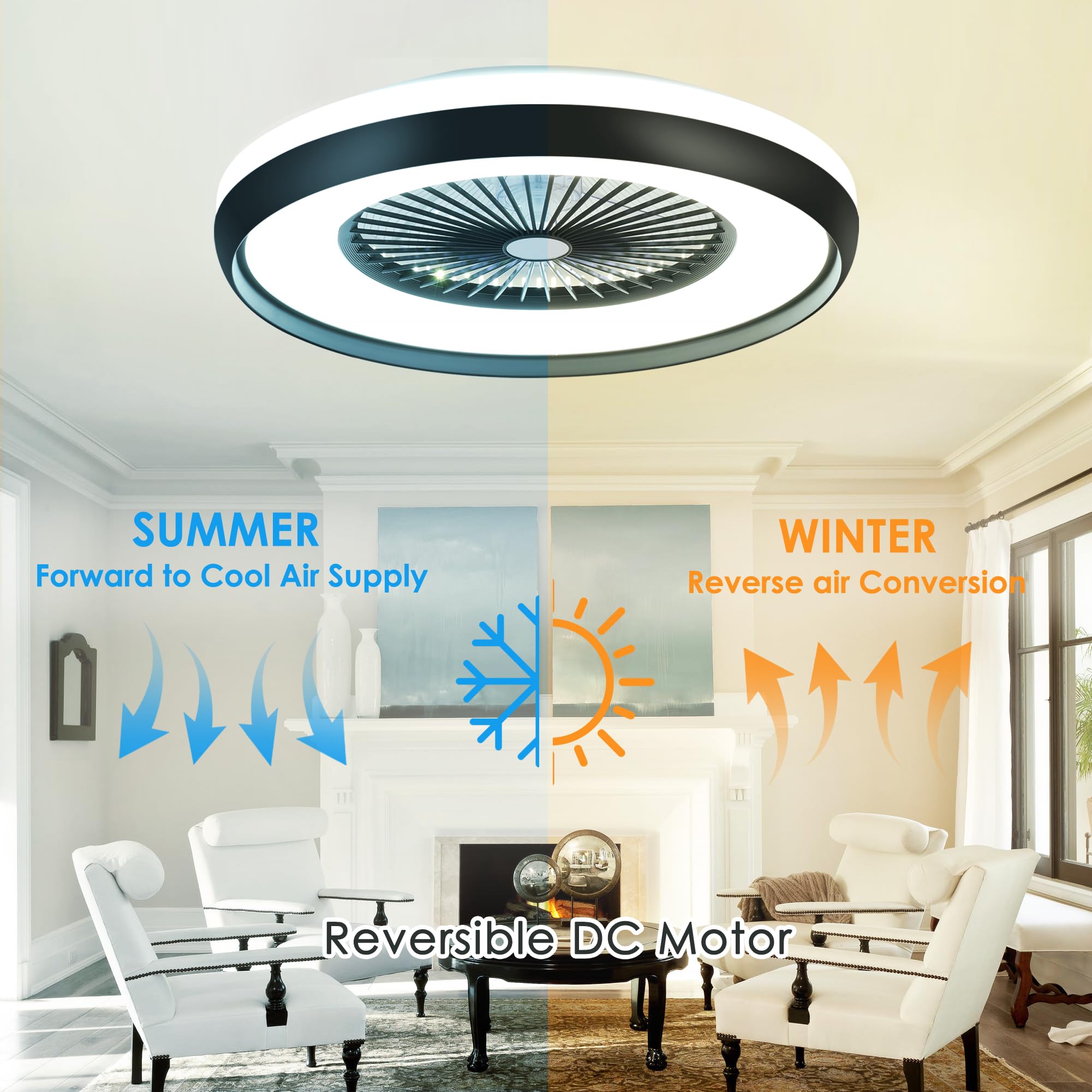 HUMHOLD 24" Low Profile Ceiling Fans with Lights - Smart Bladeless Ceiling Fan with Voice/APP Control Dimmable Color Chaning LED-RGB Back Ambient Light, Flush Mount Ceiling Fans Black