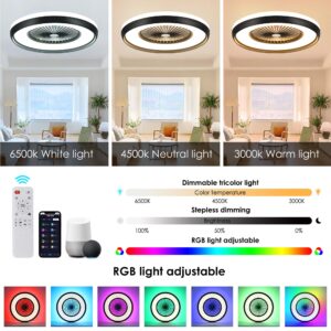 HUMHOLD 24" Low Profile Ceiling Fans with Lights - Smart Bladeless Ceiling Fan with Voice/APP Control Dimmable Color Chaning LED-RGB Back Ambient Light, Flush Mount Ceiling Fans Black