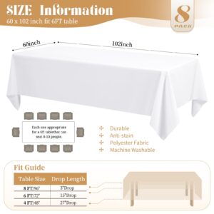 8 Pack White Tablecloth 60 x102 Inch Polyester Table Cloth for 6 Foot Rectangle Tables - 6ft Rectangular Bulk Polyester Fabric Washable Long Table Clothes for Wedding Party Buffet Restaurant Banquet