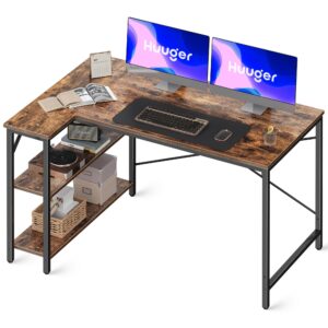 huuger l shaped computer desk with reversible storage shelves, gaming corner desk for home office, writing study desk with metal frame, rustic brown