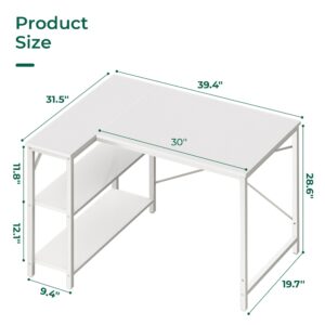 Huuger L Shaped Desk, 39 Inches Computer Desk with Reversible Storage Shelves, Gaming Desk, Corner Desk Home Office Desks, Writing Desk Study Desk with Metal Frame, White