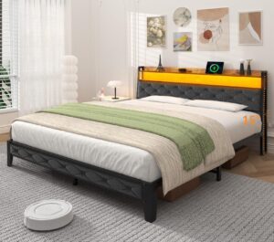 winkalon queen bed frame with headboard, bed frame with charging station, metal platform bed frame no box spring needed, modern wood upholstered headboard and under bed storage.