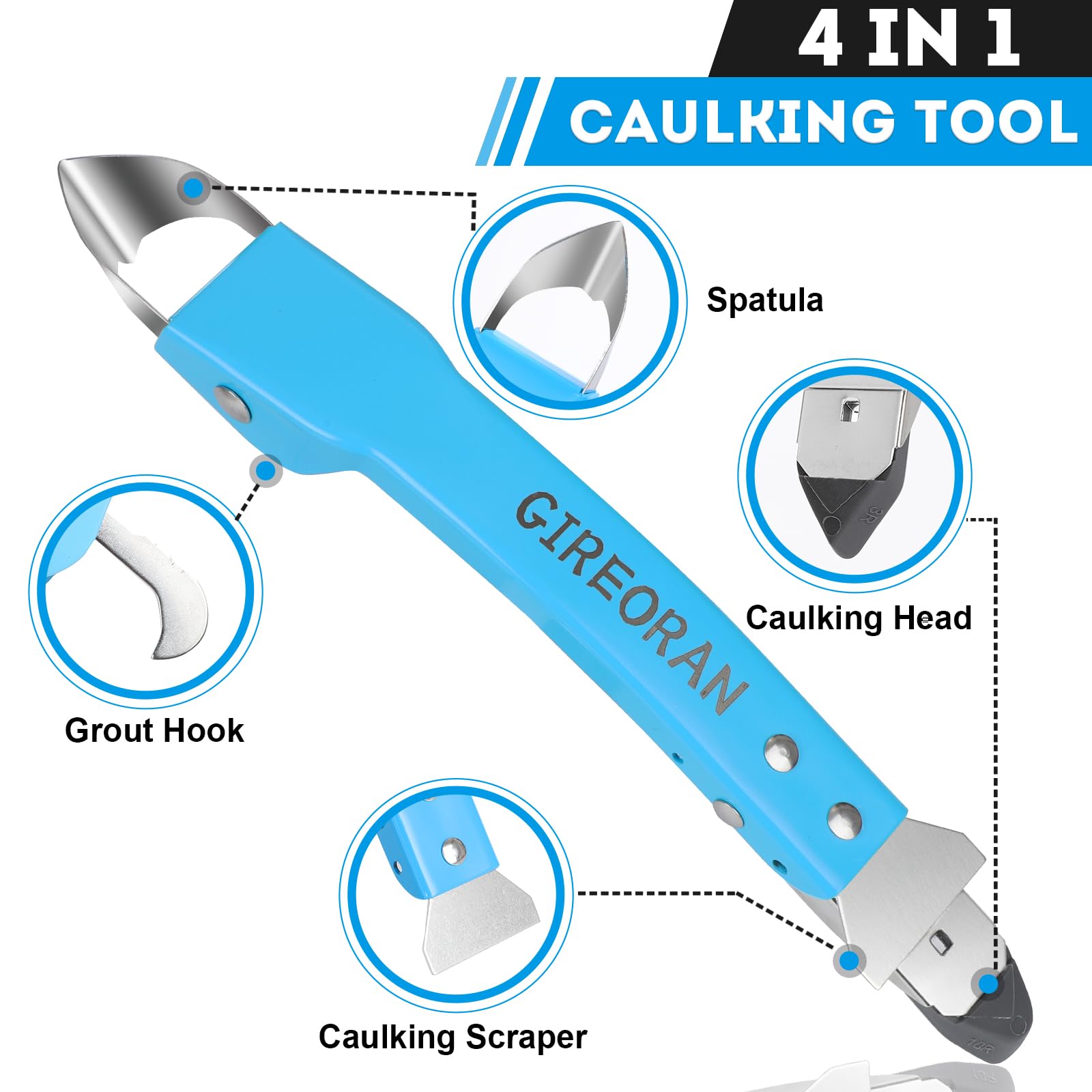 GIREORAN Stainless Steel Caulk Tool,4-in-1 Silicone Caulking Tool Kit,Caulk Remover,Grout Removal Tool,Sealant Finishing Tool for Bathroom,Kitchen,Floor,Window,Sink Joint,Frames Seal,Tile