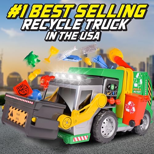 Maxx Action 19’’ 3-N-1 Maxx Recycler – Large Garbage Truck Toy with Lights, Sounds and Motorized Drive | Realistic Trash Truck with Dual Joystick Controllers - Sunny Days Entertainment | Green