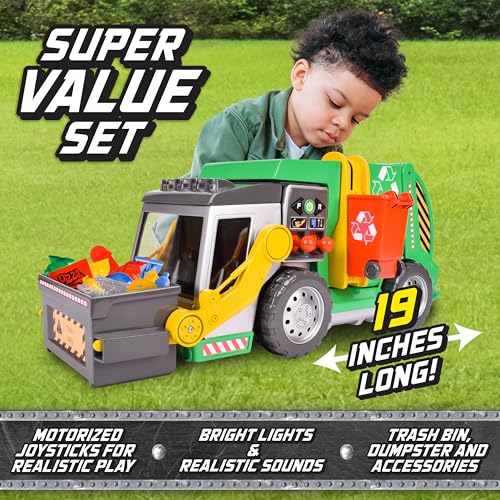 Maxx Action 19’’ 3-N-1 Maxx Recycler – Large Garbage Truck Toy with Lights, Sounds and Motorized Drive | Realistic Trash Truck with Dual Joystick Controllers - Sunny Days Entertainment | Green