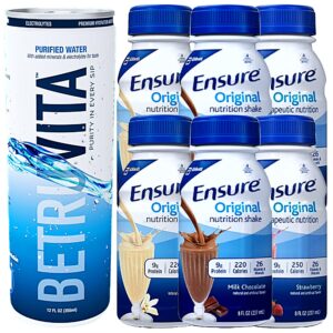 ensure original milk chocolate, vanilla & strawberry flavors| nutrition shake with fiber | meal replacement shake to boost energy is gluten free | 8 fl oz pack of 7 | packaged with a can of water to help keep you stay hydrated - limited edition