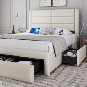 yaheetech queen size bed frame with 2 usb charging station/port for type a&type c/3 storage drawers, leather upholstered platform bed with headboard/solid wood slat support/no box spring needed/beige