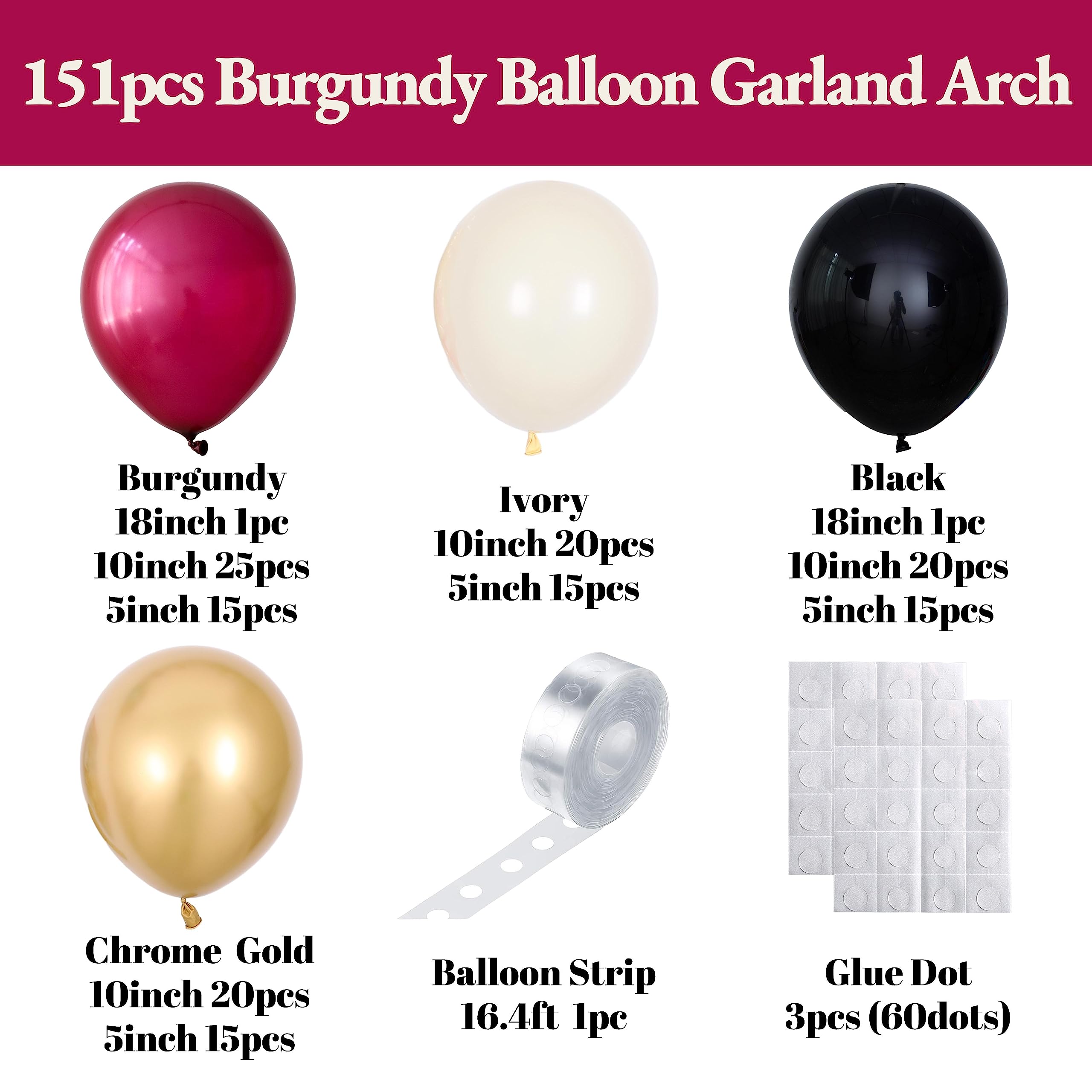 Enanal Burgundy Balloon Garland Arch Kit, 151pcs Burgundy Black Ivory and Chrome Gold Balloons for Graduation Birthday Party Bridal Shower Thanksgiving Anniversary Party Decoration (Burgundy)