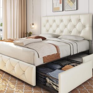 yaheetech queen upholstered bed frame with 4 drawers and adjustable headboard, faux leather platform bed with mattress foundation strong wooden slats support, no box spring needed, beige