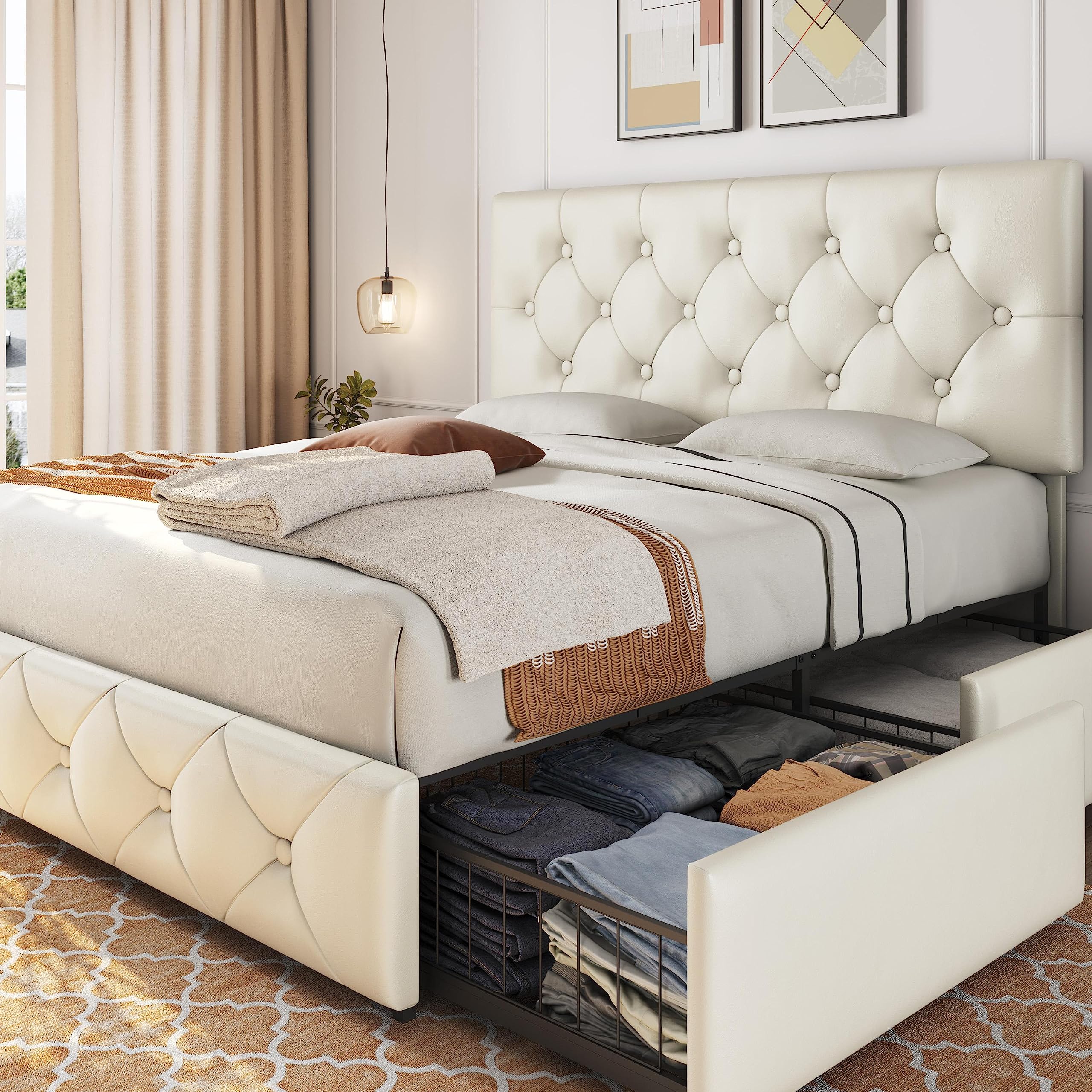 Yaheetech Queen Upholstered Bed Frame with 4 Drawers and Adjustable Headboard, Faux Leather Platform Bed with Mattress Foundation Strong Wooden Slats Support, No Box Spring Needed, Beige