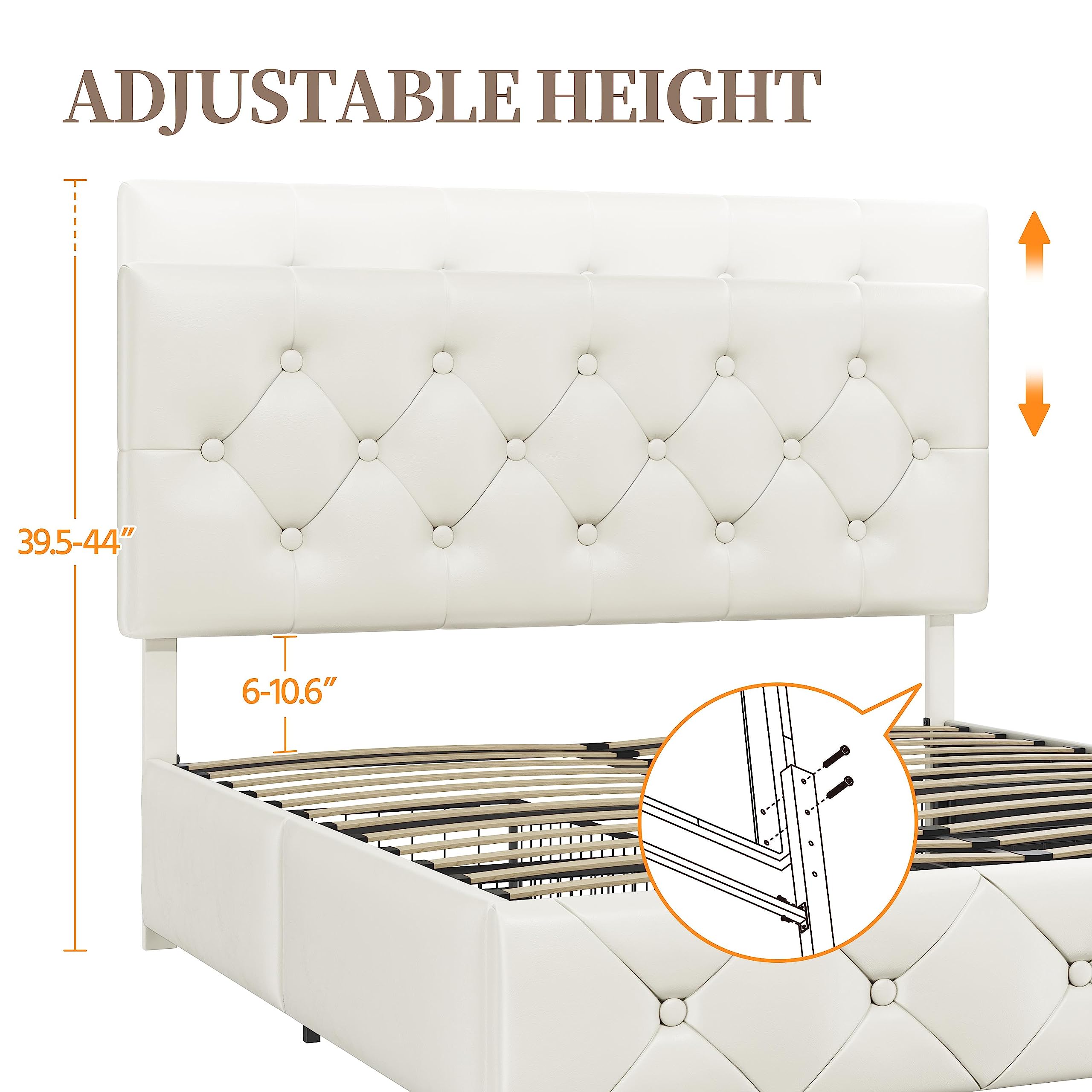 Yaheetech Queen Upholstered Bed Frame with 4 Drawers and Adjustable Headboard, Faux Leather Platform Bed with Mattress Foundation Strong Wooden Slats Support, No Box Spring Needed, Beige