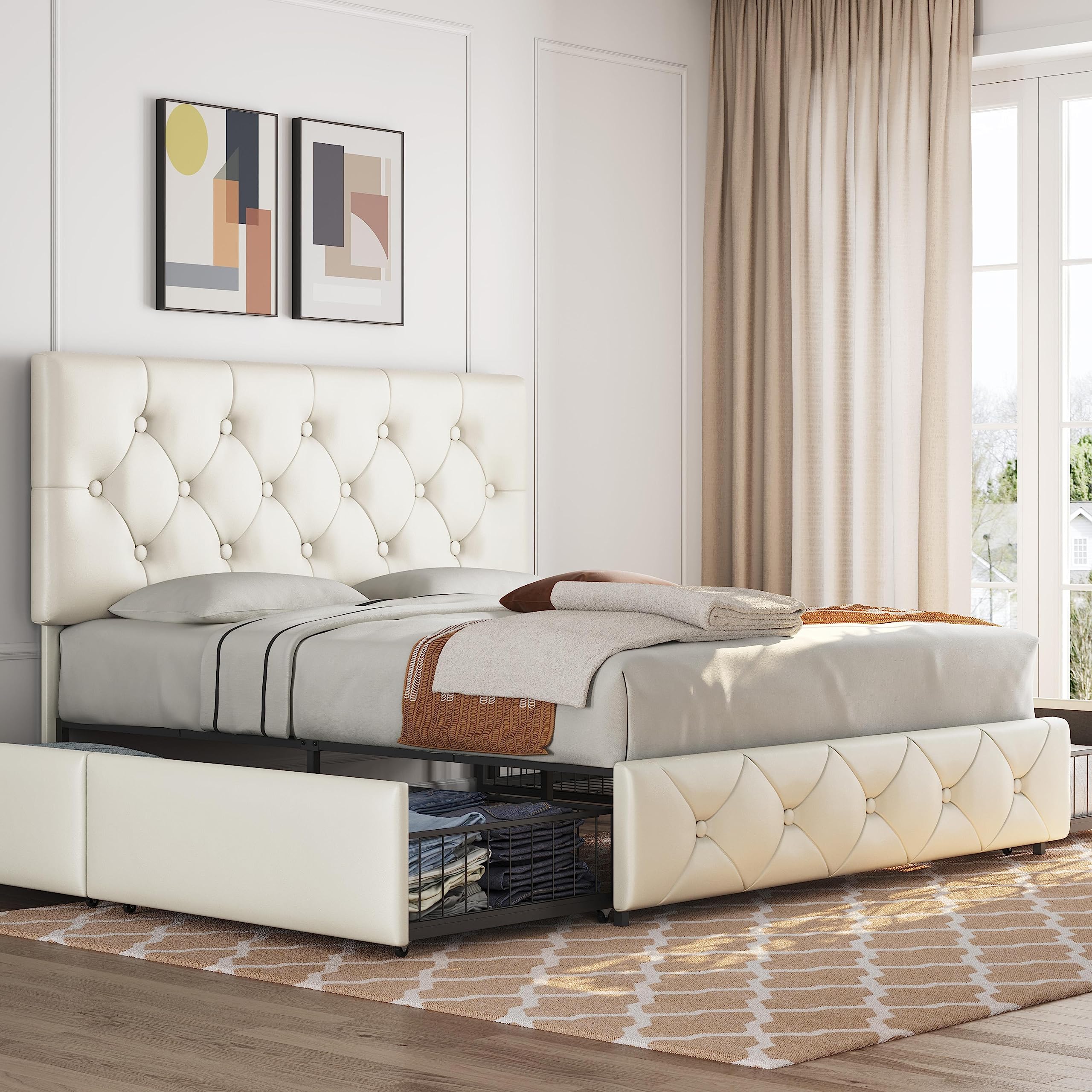 Yaheetech Queen Upholstered Bed Frame with 4 Drawers and Adjustable Headboard, Faux Leather Platform Bed with Mattress Foundation Strong Wooden Slats Support, No Box Spring Needed, Beige