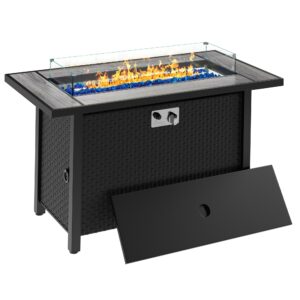 meilocar 45in fire table, propane fire pit with glass wind guard and rain cover, outdoor firepit table 50000 btu 3-in-1 fire table for patio/yard/balcony, gray tabletop