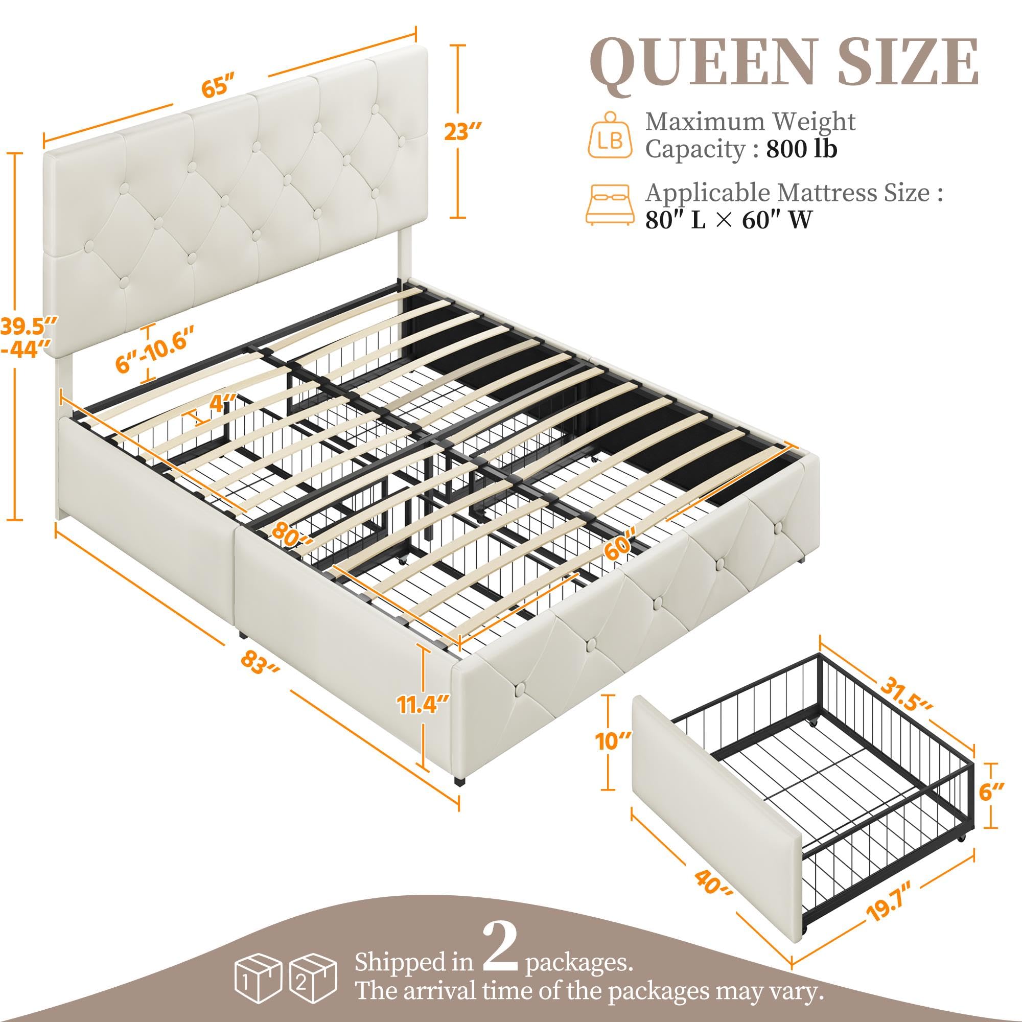 Yaheetech Queen Upholstered Bed Frame with 4 Drawers and Adjustable Headboard, Faux Leather Platform Bed with Mattress Foundation Strong Wooden Slats Support, No Box Spring Needed, Beige