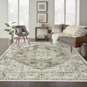 livebox washable area rug 8x10 - large vintage tribal living room rug oriental rug for bedroom, non-slip retro medallion carpet print distressed rug for dining room guest room office sage