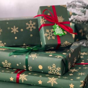 ZY-HUAN Christmas Wrapping Paper 70x50, 5pcs wrapping paper Sheets christmas With Ribbon, Xmas Wrapping Paper for Christmas Box Packaging