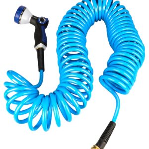 YOTOO Polyurethane Recoil Garden Hose 3/8 in. x 50 ft, Heavy Duty Garden Hose with Spray Nozzle, Bend Restrictor, G3/4" Swivel Solid Brass Fitting, Blue