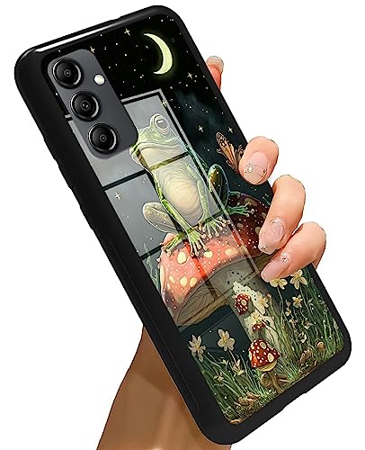 Galaxy A14 5G Phone Case for Samsung Galaxy A14 5G Case Tempered Glass Black Cover with Mushroom Frog Design for Women Men Anti-Scratch Shockproof Protection Case for Samsung A14 5G 2023 6.6 inch